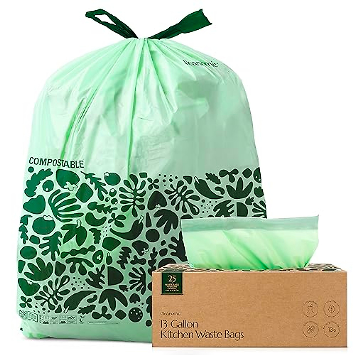 Cleanomic Compostable* Trash Bags with Drawstring (13 Gallon, 25 Units, Tall), BPI Certified For Kitchen Compost