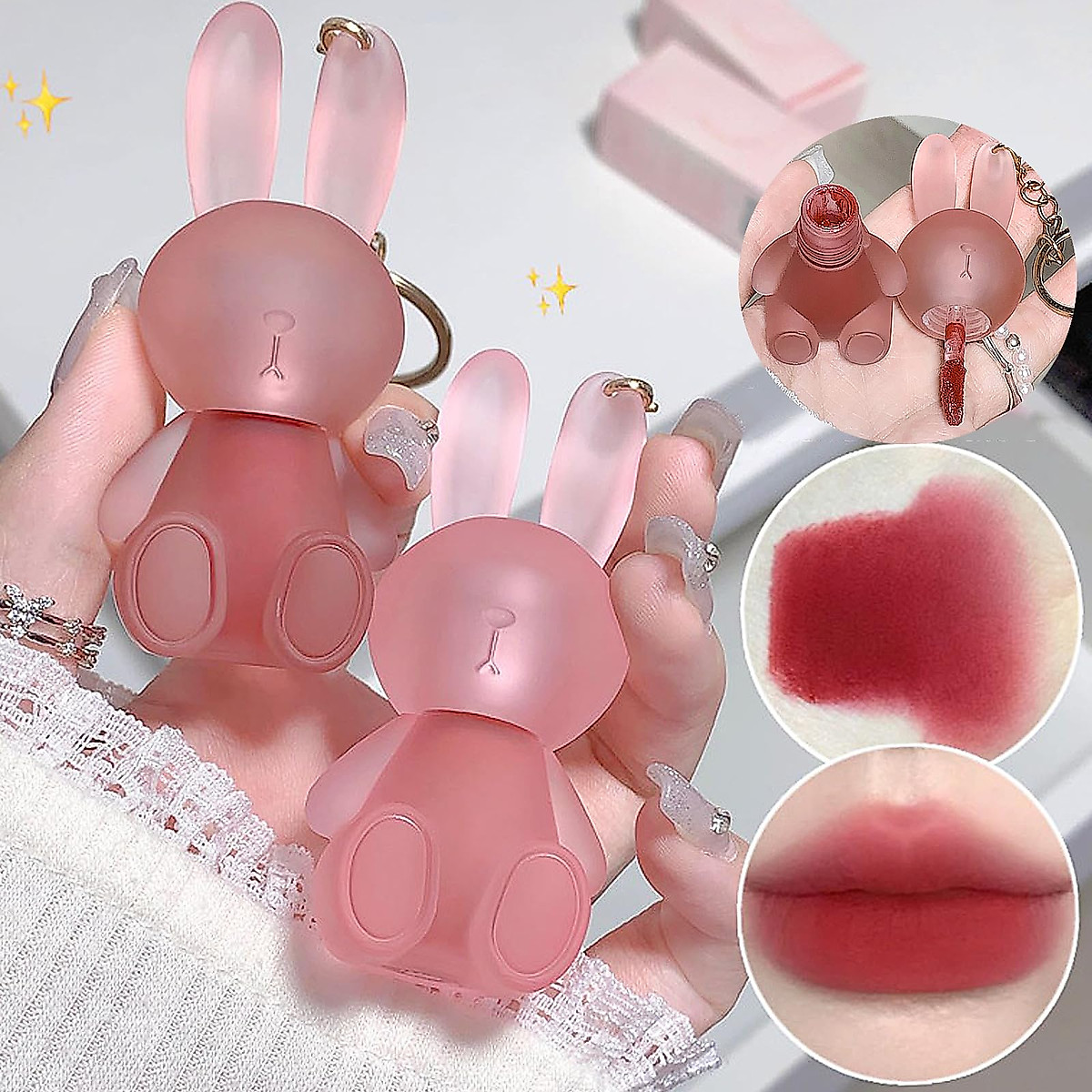 6 Colors Velvet Matte Liquid Lipstick set, Cute Rabbit Lip Glaze 2 in 1 Key Chain Lip Gloss Lip Stain, Waterproof Non-Stick Cup Long Lasting Lip Clay Cute Lip Makeup for Girls (A)