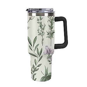 40 Oz Vacuum Tumbler with Black Handle Leakproof Insulated Tumbler Green Flower Herb Sage Leaves Stainless Steel Travel Mug with Lid And Straw Coffee Cup Cute Water Bottles Cup Holder Friendly