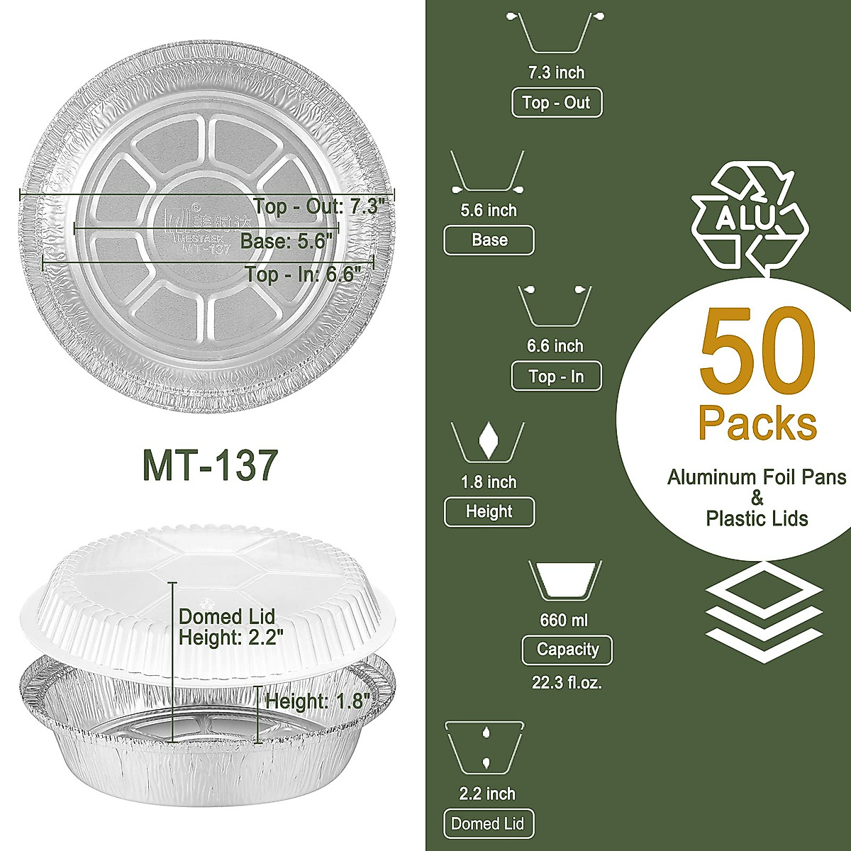 MESTAEK 9" Aluminum Foil Pans with Clear Lids 50 Pack,Heavy Duty Disposable Containers for Roasting,Storing,Baking,Cooking,Recyclable