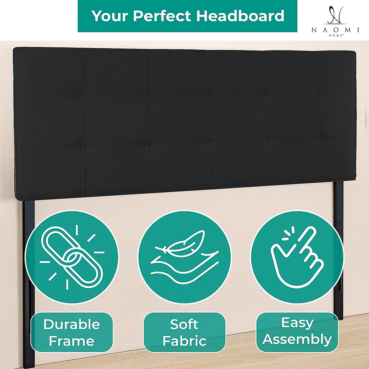 Jessenia Queen Headboard Only, Height Adjustable Bed Headboard Queen Size, Square Tufted Headboard Queen Size with 12 Positions, Metal Legs, Wall/Bed Mount, Linen Fabric Headboard Queen, Black