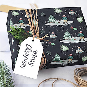 SaringSwoon Christmas Wrapping Paper for Kids, Adults - Winter Xmas Watercolor Gift Wrap With Gnome, Rustic House on Brown, Black, White - 43×29 Inches, 6 Folded Jumbo Sheets, Recyclable