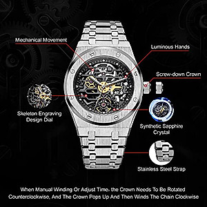 FEICE Watches for Men Automatic Skeleton Watch 42mm Case Stainless Steel Mechanical Anti Shock Waterproof Luminous Sapphire Crystal Analog Watches Business Wristwatch Adjustable Band FM019HOT