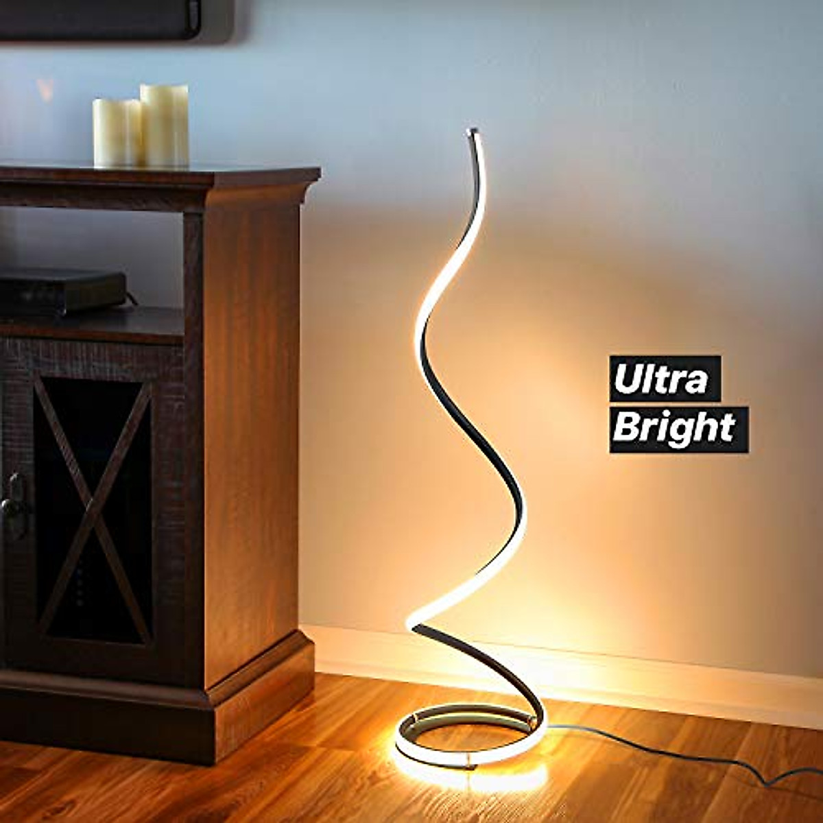 Brightech Allure Floor Lamp for Offices, 37” Bright LED Spiral Compact Lamp, Unique Curved Lamp for Living Rooms, Dimmable Standing Lamp with Built-in Dimmer, Great Living Room Décor – Jet Black