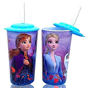 Disney Frozen 2 Elsa Anna Drink Tumblers with Lid, Reusable Straw Set for Kids Girls Toddlers, Pack of 2 - Safe BPA free by Zak design,16 ounces