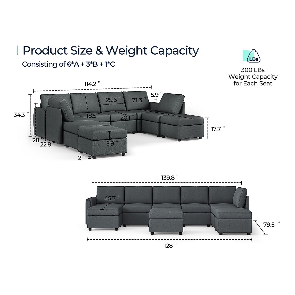 LINSY HOME Modular Sectional Sofa, Oversized Sectional Couch with Storage, Ottomans, Modular Sectional Sleeper Sofa with Memory Foam, 9 Seat U Shape Sofa Set for Living Room, Dark Grey