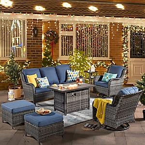 XIZZI Outdoor Swivel Rocking Chairs Patio Furniture Set with 50,000 BTU Rectangular Propane Fire Pit Table 7 Pieces High Back Conversation Sofa and Matching Side Table,Grey Rattan Denim Blue