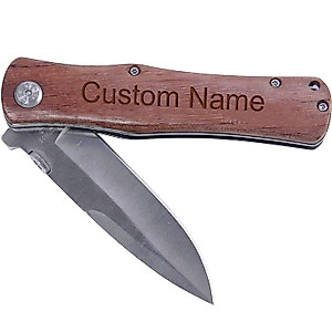 Personalized Add Your Custom-Made Text Folding Aluminum Engraved Name Customized Pocket Hunting Personal Knife with Pocket Clip (Wood Handle)