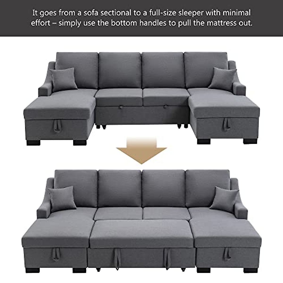 Merax Upholstery Sectional Sofa Sleeper Sectional Couch Pull-Out Sofa Bed,U Shape Sectional Sofa with Double Storage Spaces and 2 Tossing Cushions for Living Room
