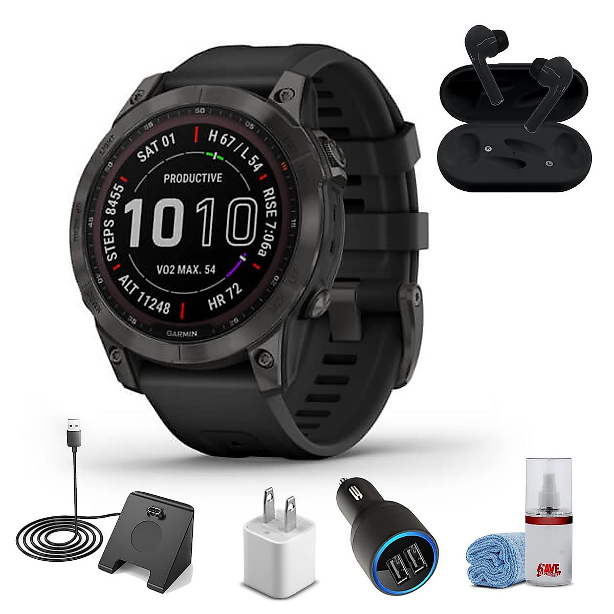 Garmin Fenix 7 Sapphire Solar Edition Smart Watch Carbon Gray DLC Titanium w Black Band (47mm) + Wireless Headphones + Watch Charging Stand + USB Car/Wall Adapter + 6TH AVE Cleaning Kit (010-02540-20)