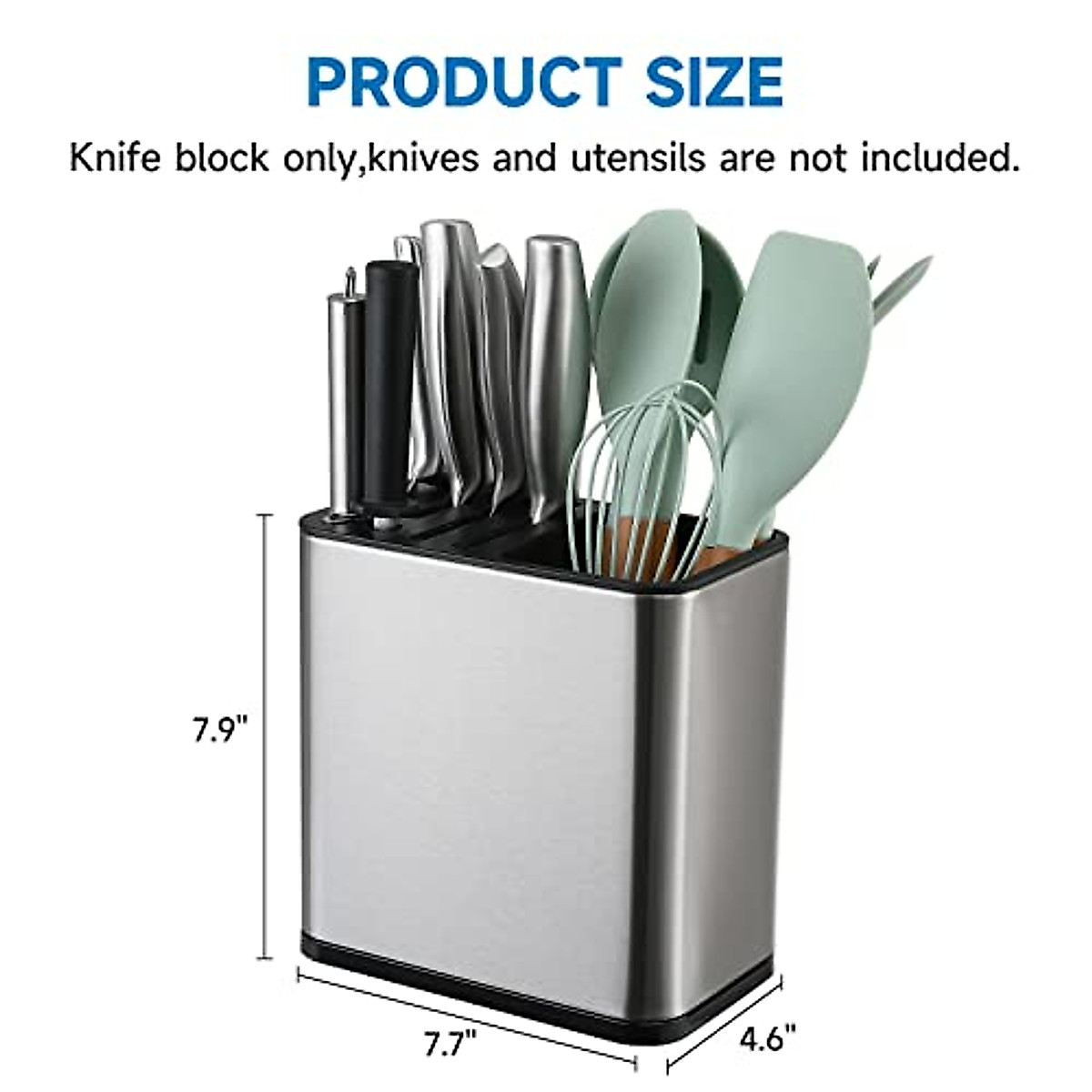 BIARTS 2 in 1 Universal Knife Block without Knives Stainless Steel Knife Holder for Kitchen Counter with Drainage Hole Knife Storage with Utensil Holder Modern Design, Rectangle, 7.7"L x 4.6"W x 7.9"H