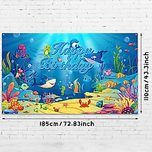Sea Backdrop Ocean Animal Happy Birthday Decorations Under Ocean Theme Birthday Photography Background Banner for Kids Dolphin Shark Underwater Blue Party Decorations Supplies, 72.8 x 43.3 Inches
