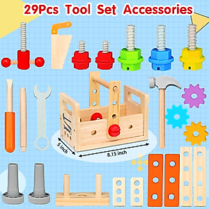 Mgtfbg Kids Tool Set - 29 PCS Wooden Toddler Tool with Box, Montessori STEM Educational Pretend Play Construction Toy for 2 3 4 5 6 Year Old Boys Girls, Best Birthday Gift
