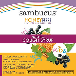 Nature's Way Sambucus HoneyBerry NightTime Cough Syrup for Kids, Soothes Occasional Cough Due to Horseness, Dry Throat & Irritants and Melatonin for Occasional Sleeplessness*, 4 Fl Oz.