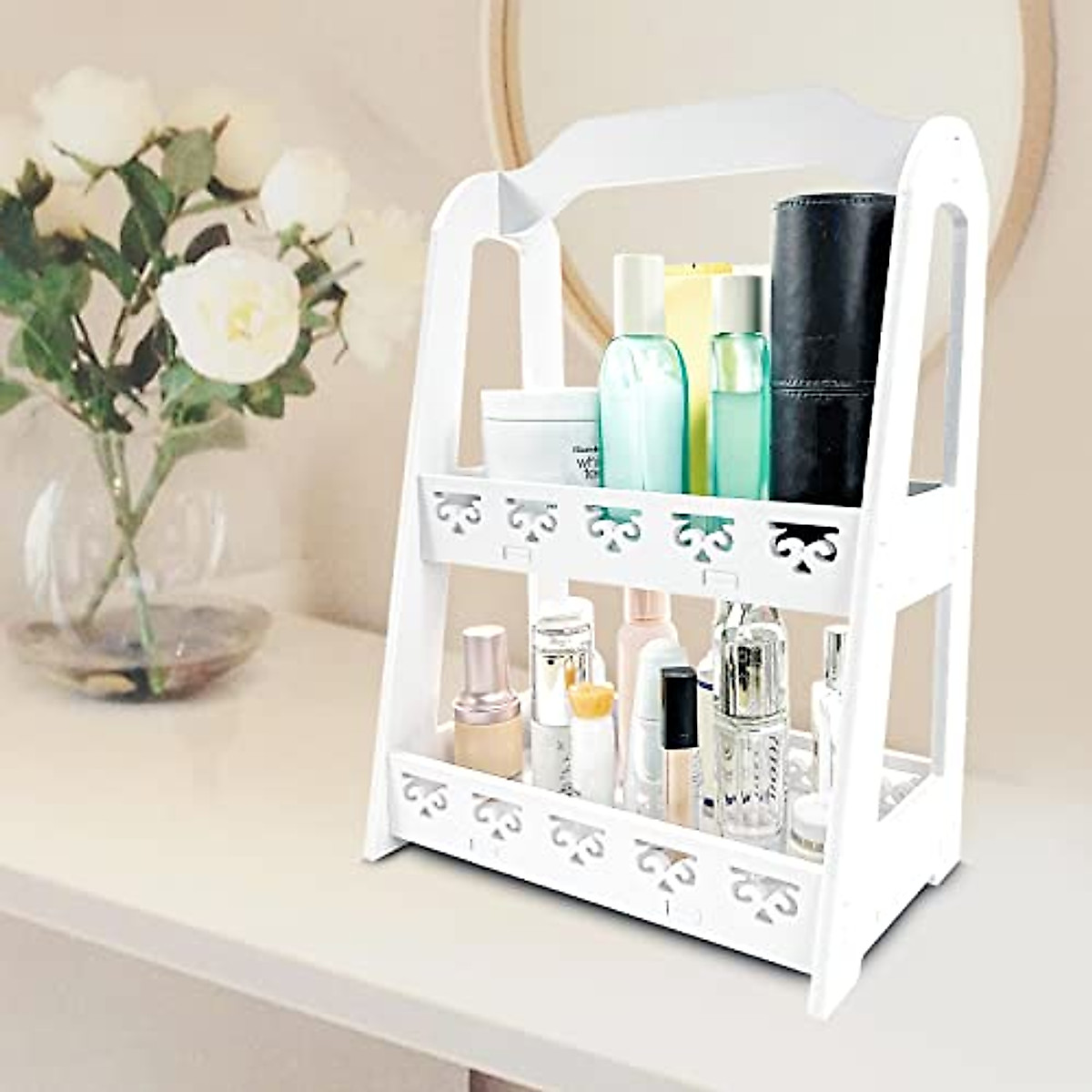Bathroom Shelf Organizer,2 Tier Bathroom Countertop Organizer,Counter Organizer,Makeup and Cosmetic Counter Standing Rack Cosmetic Holder,Kitchen Standing Spice Rack FLUKIN