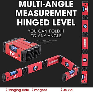 28'' Foldable Level, 5 Sections Measuring Folding Magnetic Level with 4 Easy-Read Level Bubbles 45°/90°/180°, Powerful Measurement Tools for Carpenters, Woodworkers, Fabricators