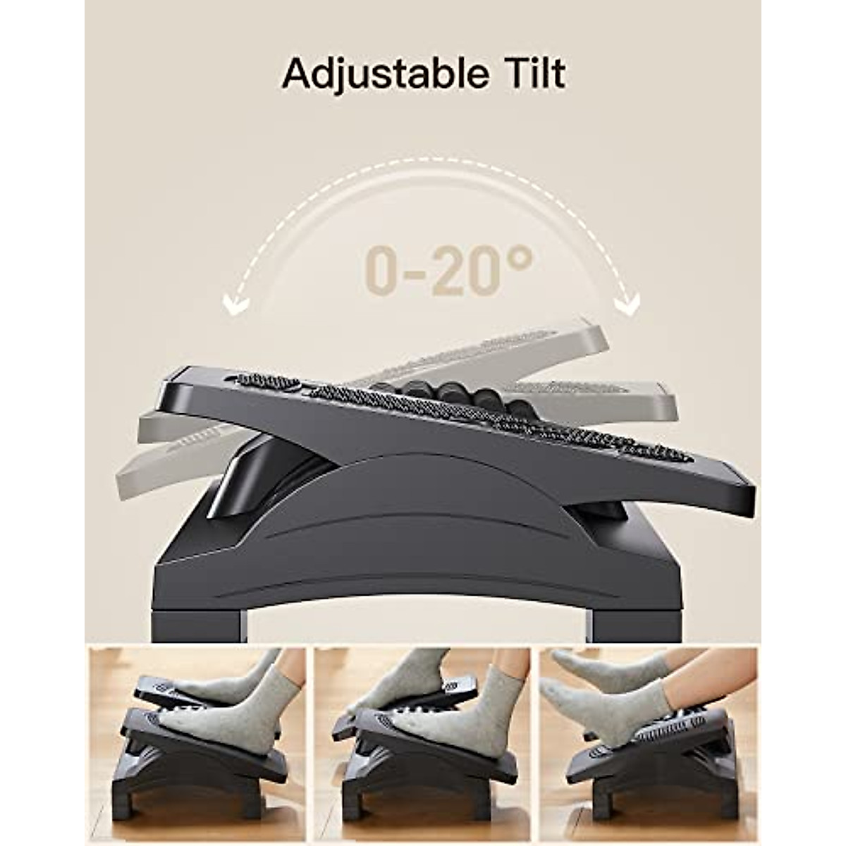 HUANUO Foot Rest Under Desk, Adjustable Ergonomic Footrest for Under Desk at Work or Gaming with Massage Texture and Roller, 20 Degree Tilt Angle Adjustment, Foot Stool for Office, Home