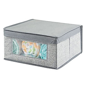 mDesign Medium Soft Stackable Fabric Baby Nursery Storage Organizer Holder Bin Box with Front Window/Lid for Child/Kids Bedroom, Playroom, Classroom, Lido Collection, 4 Pack, Gray