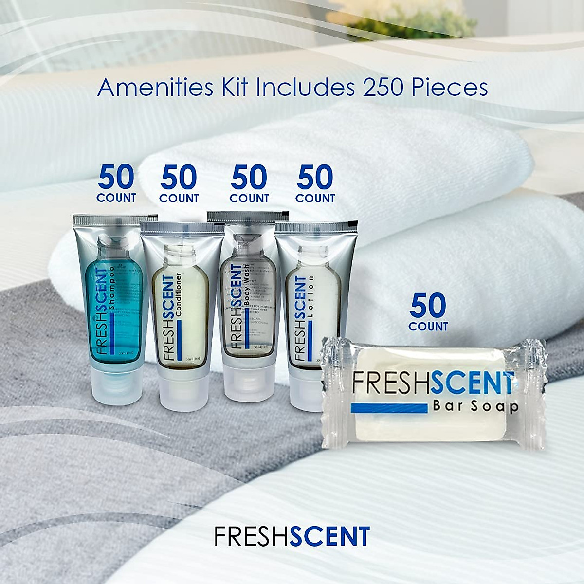 Freshscent Hotel Collection 250 Piece Set. Travel Size Amenities Bulk Toiletries Kit of 50 Each 1oz tubes Shampoo, Conditioner, Body Wash and Lotion. 50 Bars 1oz Soap