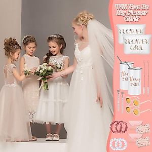 Flower Girl Proposal Gifts Flower Girl Tumblers with Straws Be My Flower Girl Card with Envelope Canvas Makeup Bag Sunglasses Hair Scrunchies Diamond Pen for Wedding Bridal Shower (White, 16 Pcs)