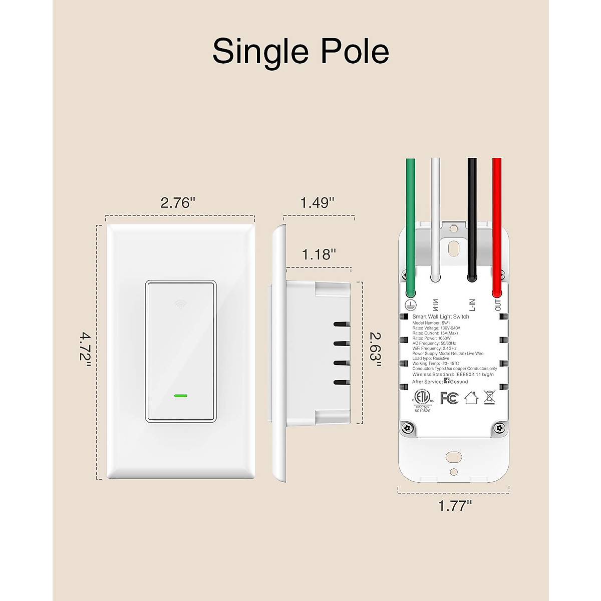 GHome Smart Switch,Smart Wi-Fi Light Switch for Lights Works with Alexa and Google Home 2.4Ghz, Single-Pole(Not 3-Way),Neutral Wire Required,UL Certified,Voice Control (2 Pack)