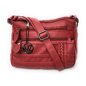 MariaKinz Soft Leather 5 Zipper Pockets Shoulder Purse and Handbag (Red)