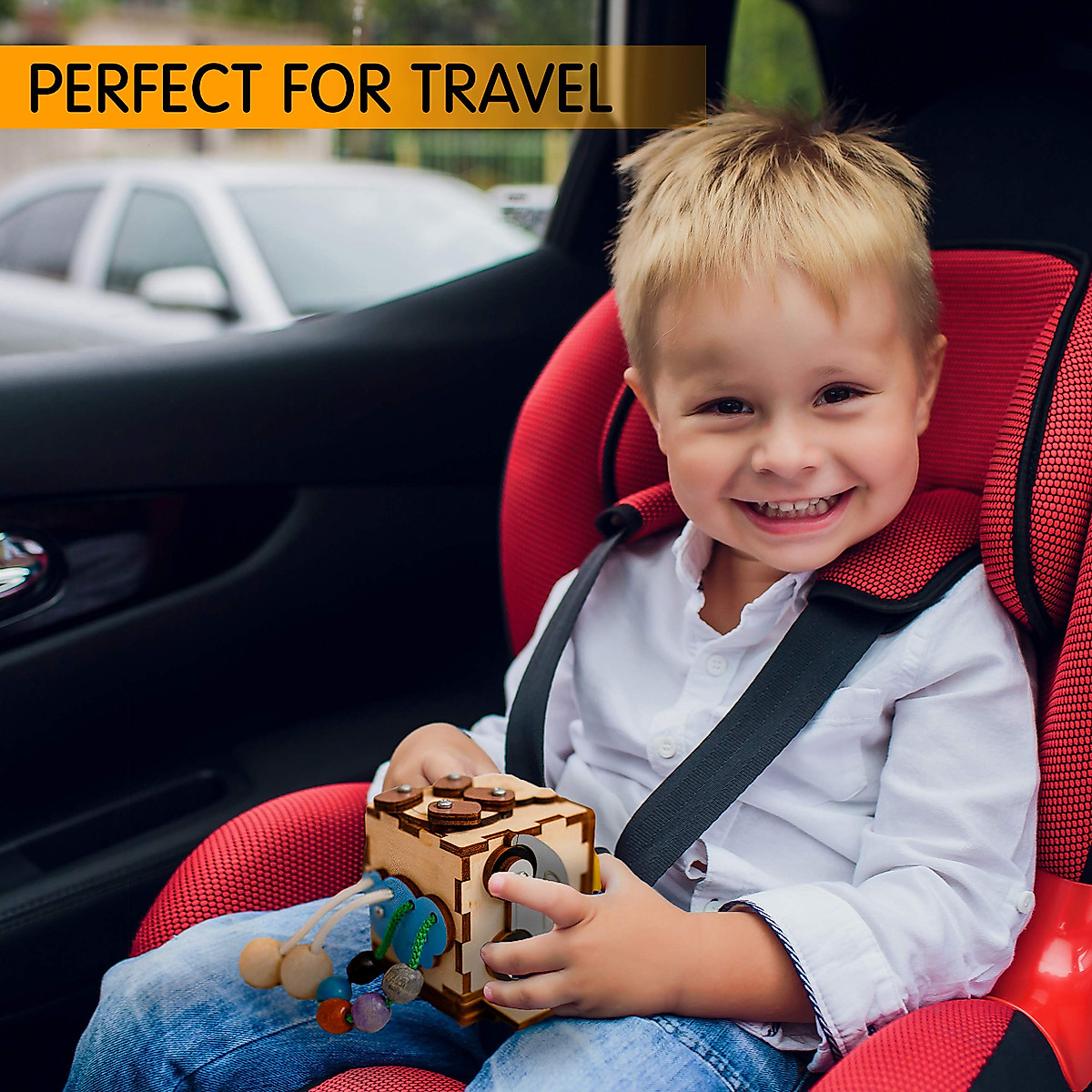 Wooden Activity Cube for Toddlers 1-3 Year 6in1 Car Lacing Beads Puzzles - 3.15 х 3.15 h - Sensory Busy Board – Travel Plane Handmade Fidget Toys – Baby Kids Montessori Activities