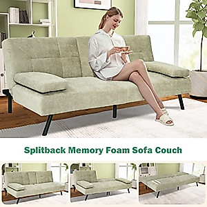 Opoiar Futon Sofa Bed, Modern Convertible Armrests Sleeper Couch with 2 Cup Holders,Loveseats Couch for Compact Space,Studio,Apartment,Office,Living Room,Bed Room,Sage Grey (800LBS)