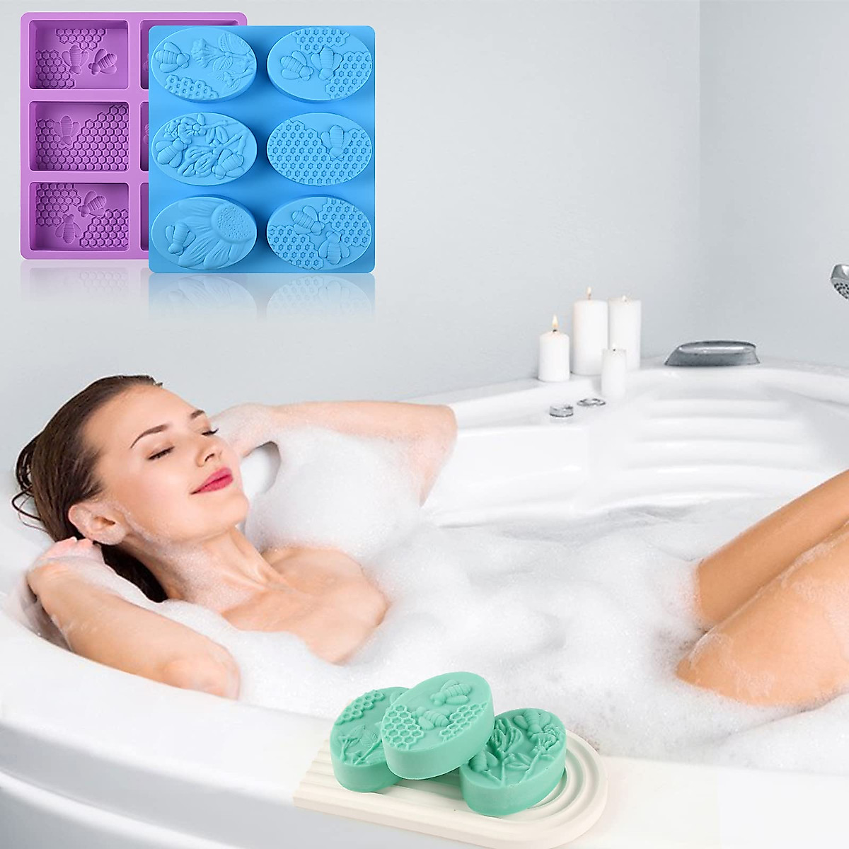 Sakolla 2 Pack 6 Cavity Bee Silicone Soap Molds Rectangle Oval Honeycomb Silicone Molds Loaf Handmade Molds for Soap Making Supplies DIY Wax Melts, Beeswax, Cake Chocolate Bakeware