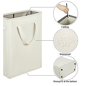 ZERO JET LAG Slim Laundry Hamper With Handles Collapsible Laundry Basket Thin Dirty Clothes Basket Narrow Laundry Bag Foldable Dirty Cloth Hamper 45L (21 inches,Beige)