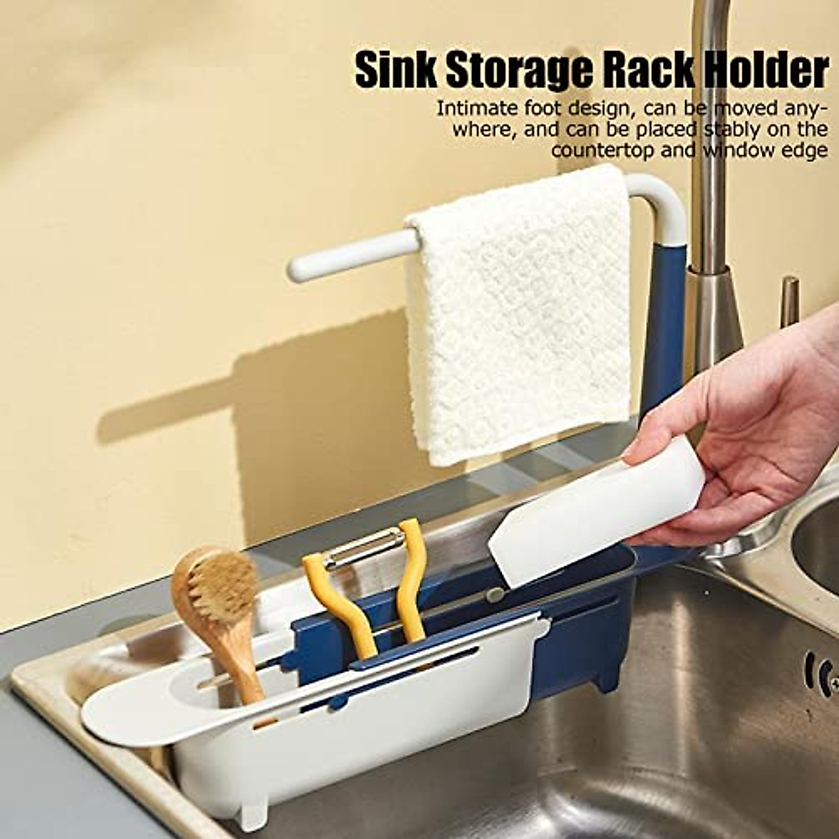Natudeco Expandable Sink Storage Rack Countertop Sink Rack Rack Adjustable Sink Organizer Ventilation and Drainage Length Freely Adjustable for Home Kitchen (Blue)