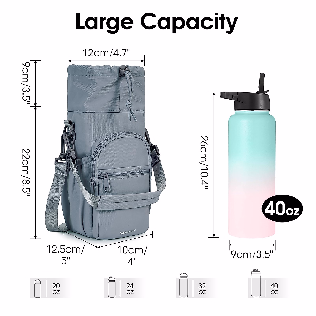 sportsnew Water Bottle Holder with Strap 32oz 40oz Insulated Water Bottle Carrier Sling Bag with Phone Pocket Tumbler Bag Crossbody Cup Sleeve for Walking Hiking Travelling Carrying, Greyish Blue