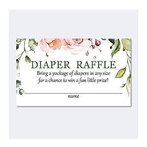 Set of 50 Pink Floral Watercolor Diaper Raffle Cards, Diaper Raffle Cards for Baby Shower, Diaper Raffle Tickets for Girl