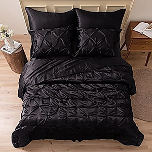 MR&HM Satin Comforter Queen 8 Pieces - Luxurious Pinch Pleat Bedding Set with Comforter, Sheets, Bed Skirt, Pillowcases & Shams, Super Silky Soft Bed Set for All Season (Queen, Black)