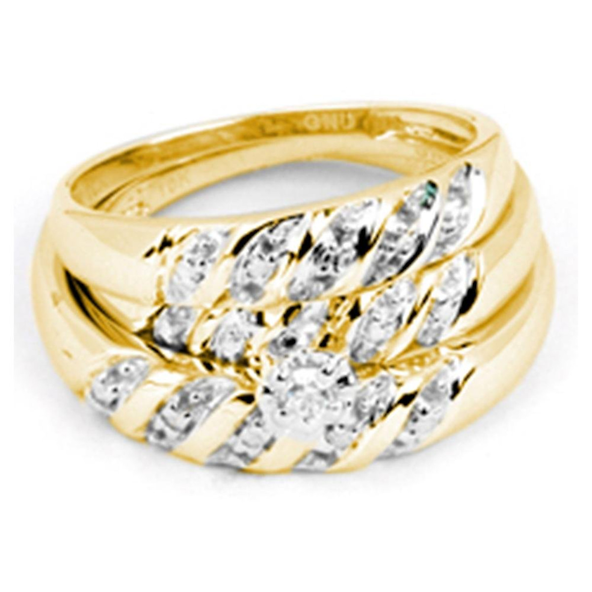 Sizes - L = 9, M = 12 - 14k Yellow and White 2 Two Tone Gold Mens and Ladies Couple His & Hers Trio 3 Three Ring Bridal Matching Engagement Wedding Ring Band Set - Round Diamonds - Solitaire Center Setting (.07 cttw) - Please use drop down menu to select