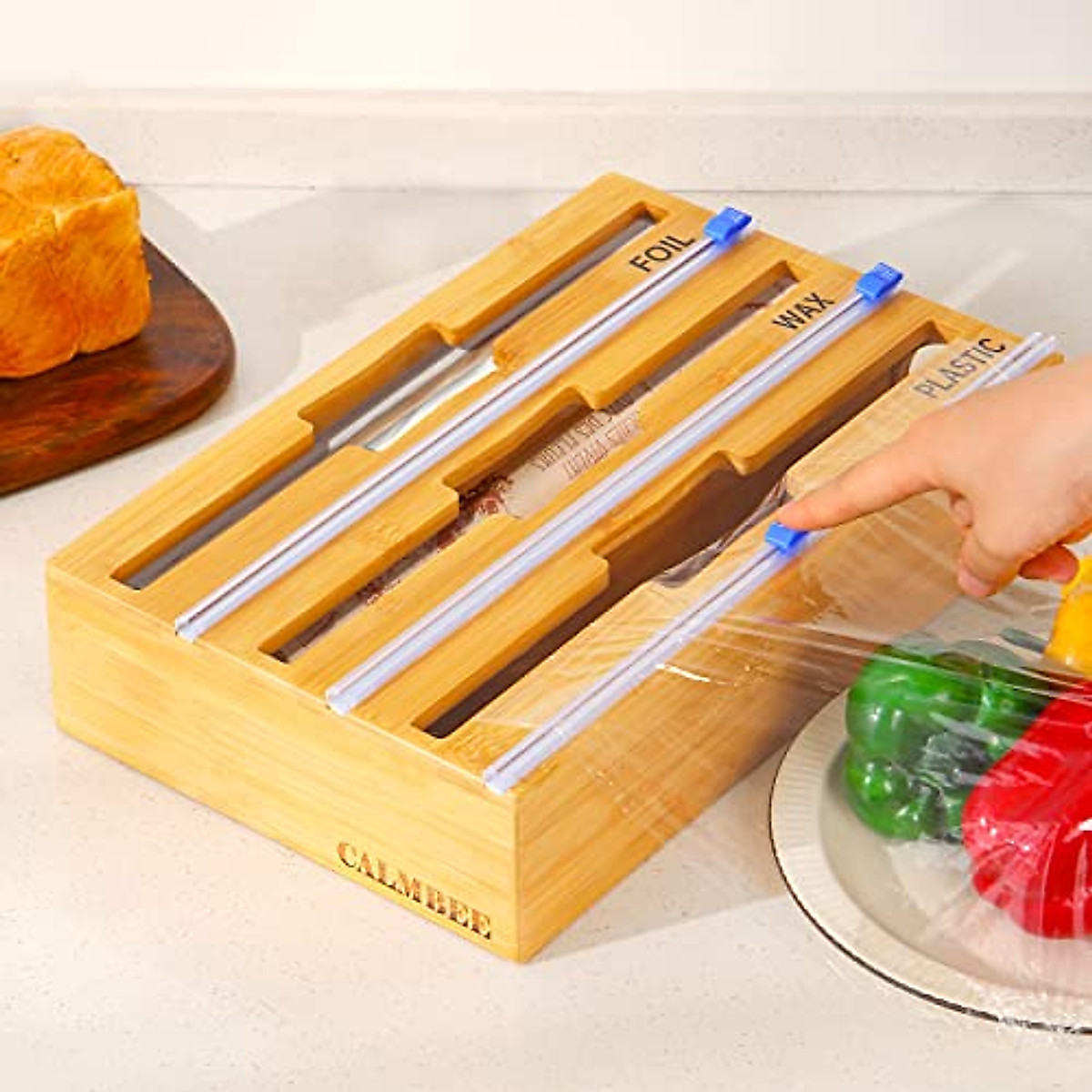 Calmbee Storage Bag Organizer and Wrap Dispenser with Cutter, 3 IN 1 Bamboo Foil and Plastic Wrap Organizer for Kitchen Drawer, Plastic Bag Organizer for Gallon, Quart, Sandwich, Snack