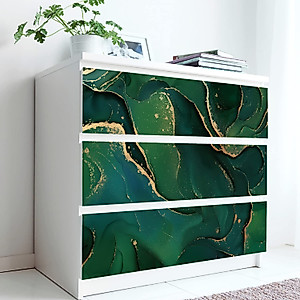 funlife Hand-Drawn Marble Pattern Peel and Stick Furniture Decals, Self-Adhesive Drawer Front Stickers for IKEA MALM Dresser, Faux Glitter Gold Emerald Marble