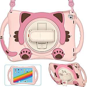 KIQ Cat Shield Case for iPad 9th Generation Case for Kids, Heavy Duty Cute ipad 10.2 case for Kids 7th 8th Gen w/Stand Shoulder Strap - Pink