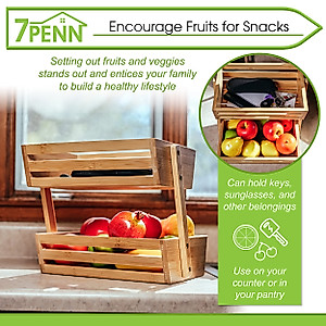 7Penn 2 Tier Fruit Basket for Kitchen Counter - Standing Countertop Bamboo Fruit Basket for Table or Pantry - Large Farmhouse Wooden Fruit Bowl for Vegetables - Rustic Bread Holder Produce Storage