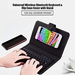ELIATER Portable Bluetooth Keyboard with Leather Case Cover with for 4.5''-6.8'' iOS, Android and Windows Smart Phones, Detachable with Kickstand