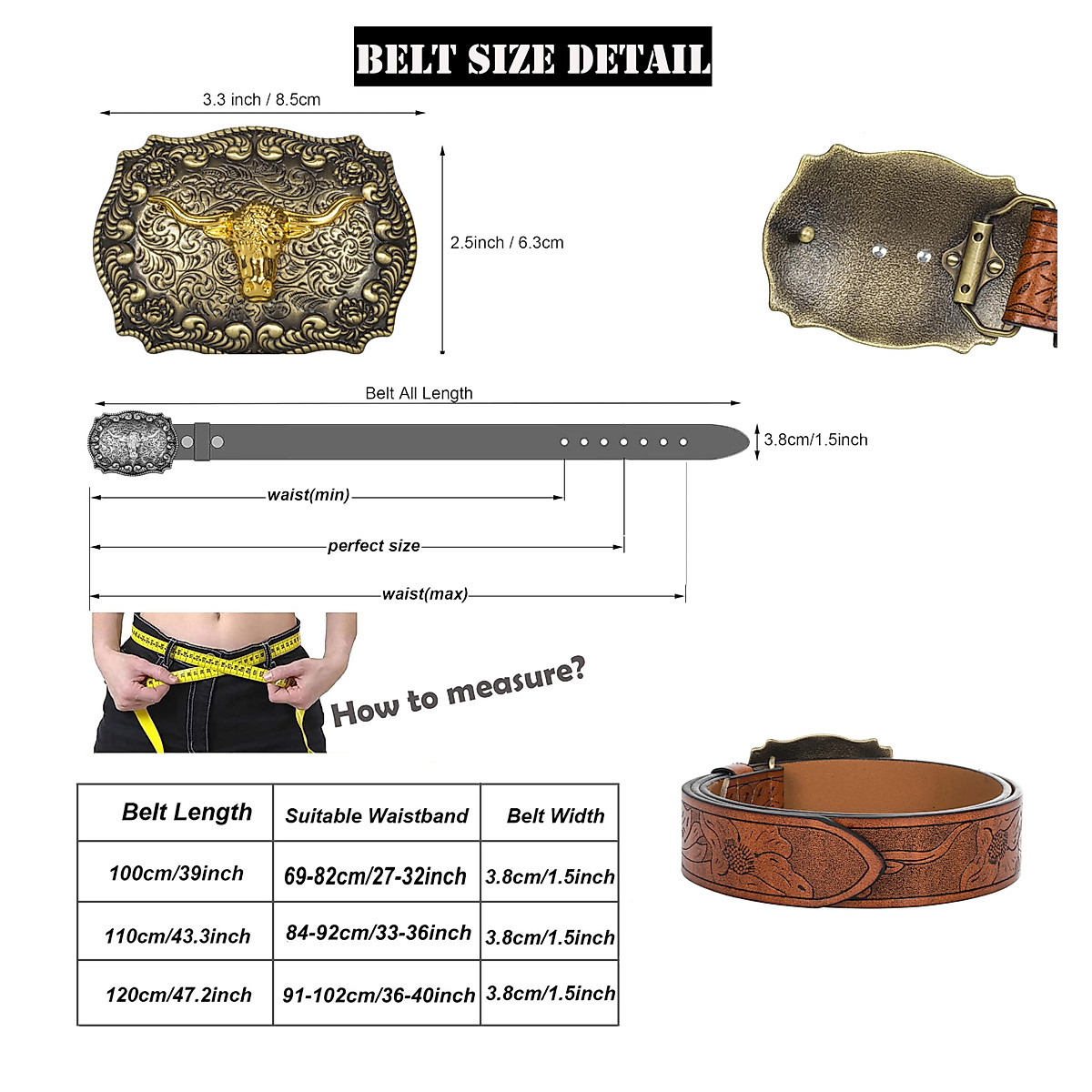 HinyBoeh Western-PU-Leather-Belts for Men and Women Cowboy-Cowgirl Longhorn-Bull-Pattern-Engraved-Buckle-Belt for Unisex
