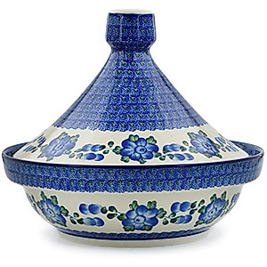 Polish Pottery 56 oz Tagine Pot made by Ceramika Artystyczna (Blue Poppies Theme) + Certificate of Authenticity