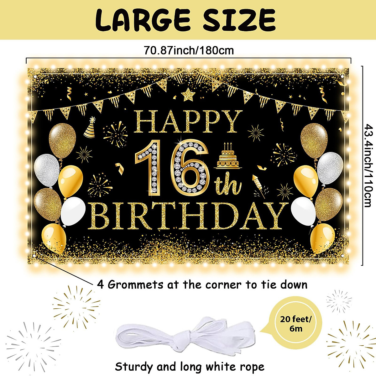 ZOIIWA 16th Birthday Backdrop Lighted Party Decorations Sweet 16 Backdrop with LED Light for Boys Girls Party Supplies Black Gold Happy 16th Birthday Photo Props Background with Light Party Favor