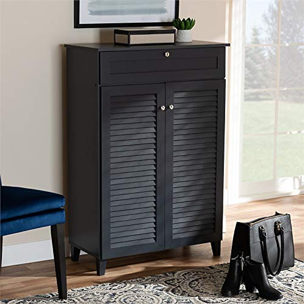 Baxton Studio Coolidge Wood 5-Shelf and Drawer Shoe Cabinet in Dark Gray