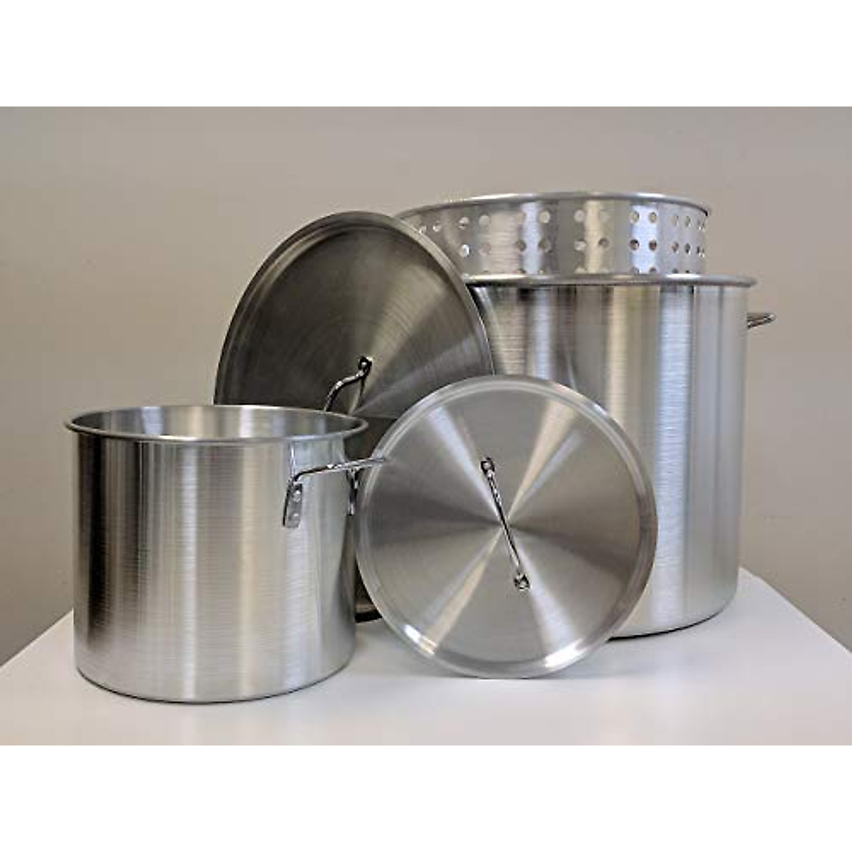 Professional Grade 80 Quart All Purpose Boiling Pot with Basket (3pc) plus a Bonus 12 Quart Stock Pot (2pc) .