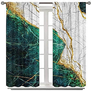 Marble Blackout Curtain,Ombre Emerald Green Golden Texture Backdrop Drapes,Rod Pocket Insulated Window Curtains for Living Room Bedroom Kitchen,42x45in