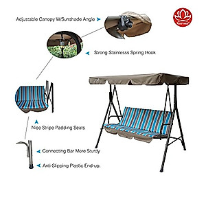 Alicia Patio Swing Chair with 3 Comfortable Cushion Seats and Strong Weather Resistant Powder Coated Steel Frame (Blue Stripe)