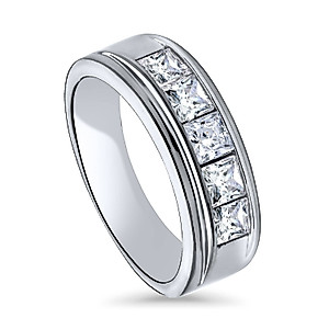BERRICLE Sterling Silver 5-Stone Wedding Rings Channel Set Princess Cut Cubic Zirconia CZ Half Eternity Ring for Unisex, Rhodium Plated Size 10