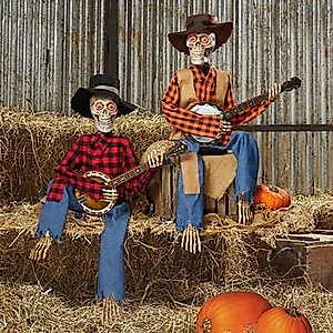 Animated Motion/Sound Activated Musical Multi-Lingual Banjo Skeletons Duo Halloween Fall Indoor Decor