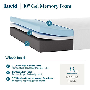 LUCID 10 Inch Memory Foam Mattress - RV Trailer & Camper Mattress - Medium Feel - Bamboo Charcoal and Gel Infusion - Hypoallergenic - Bed in a Box - Temperature Regulating - Short Queen Size